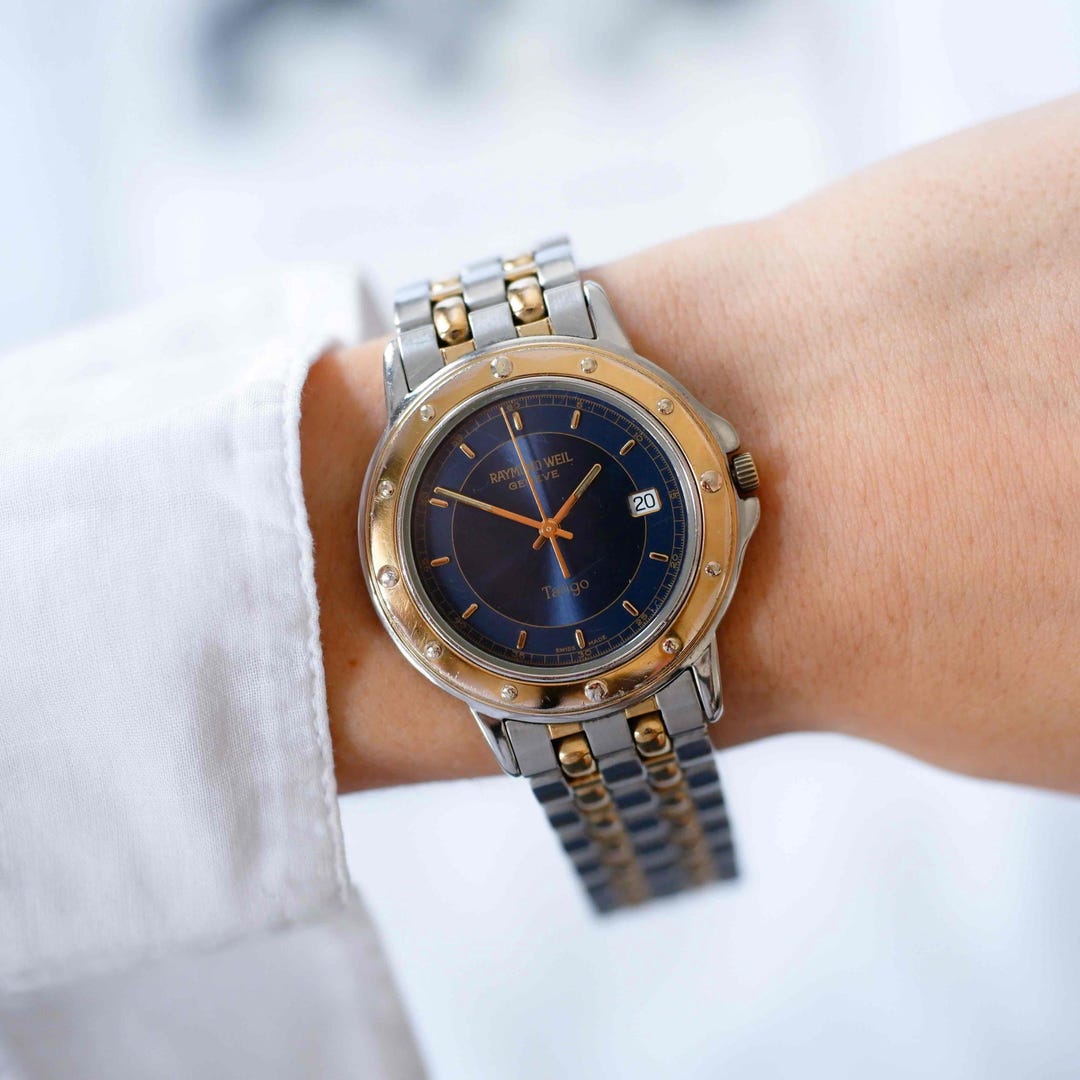 Raymond Weil Tango: Vintage Ladies 90s Watch Two Tone Gold With Blue ...