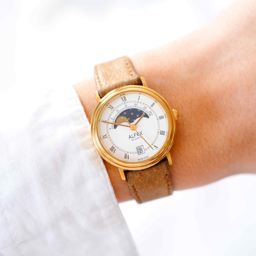 Alfex Moon Phase Style Vintage Watch Women, Vintage Ladies Watch, Small Women Watch, Golden 90s ...