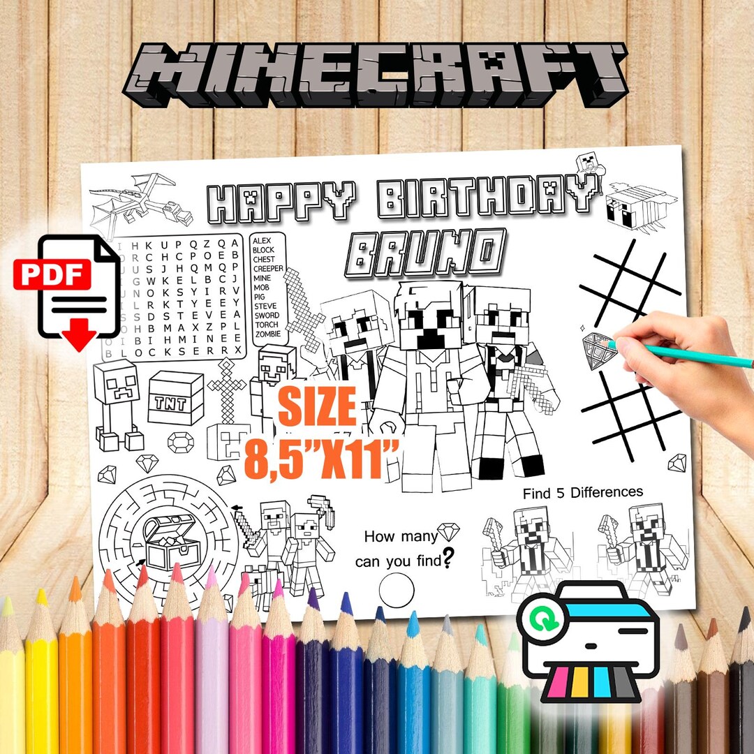 Minecraft Personalized Placemat, Editable Minecraft Birthday Coloring ...