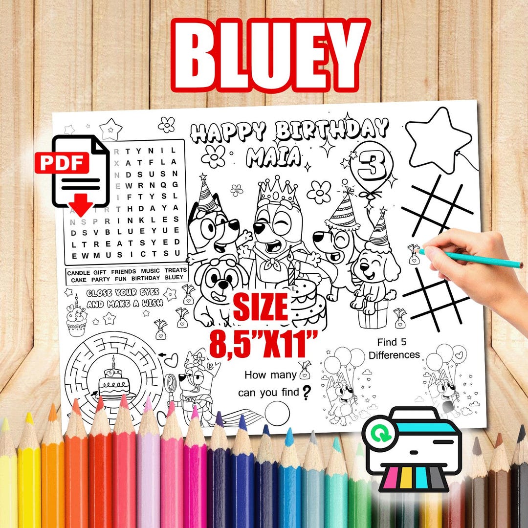 Bluey Placemat, Editable Bluey Birthday Coloring Sheet, Bluey Coloring ...