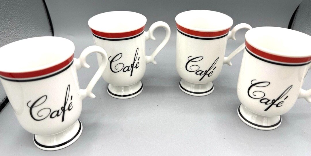 Set of 4 Bon Appetit Café Coffee Cups Red Black Rim Pedestal Japan - Etsy