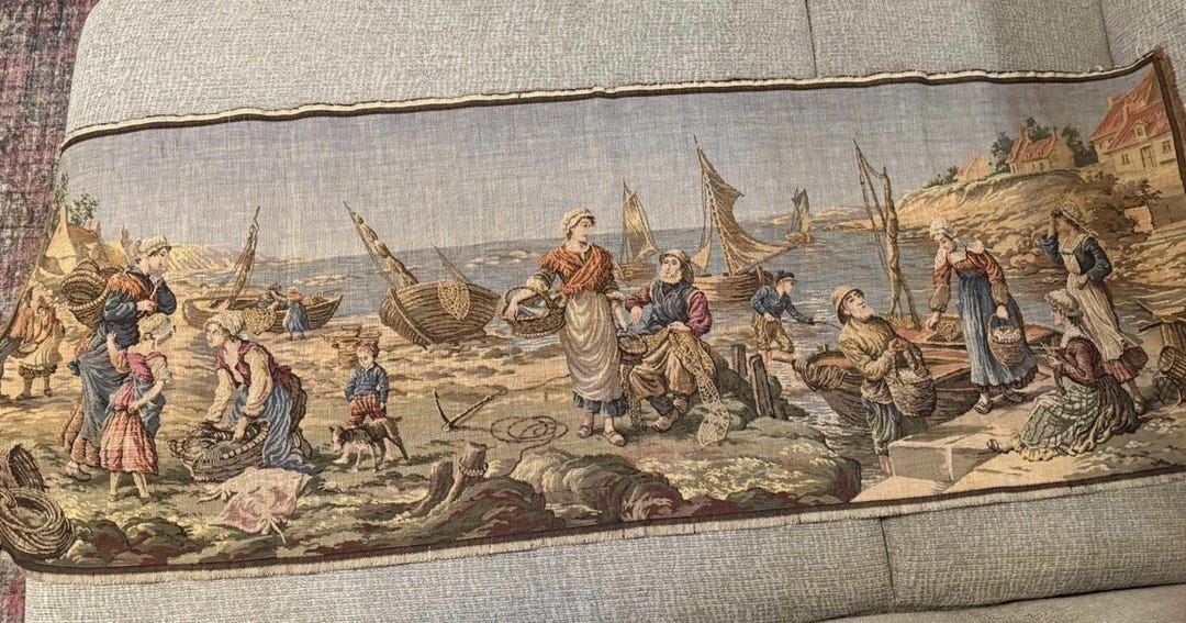 Vintage Belgium Tapestry Wall Hanging Fishermen Coastal Scene Textile ...