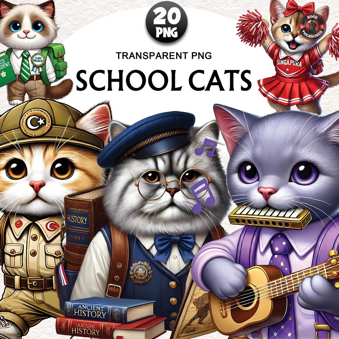 20 Watercolor School Cats Clipart, 100 Days of School Png Bundle, Cat ...