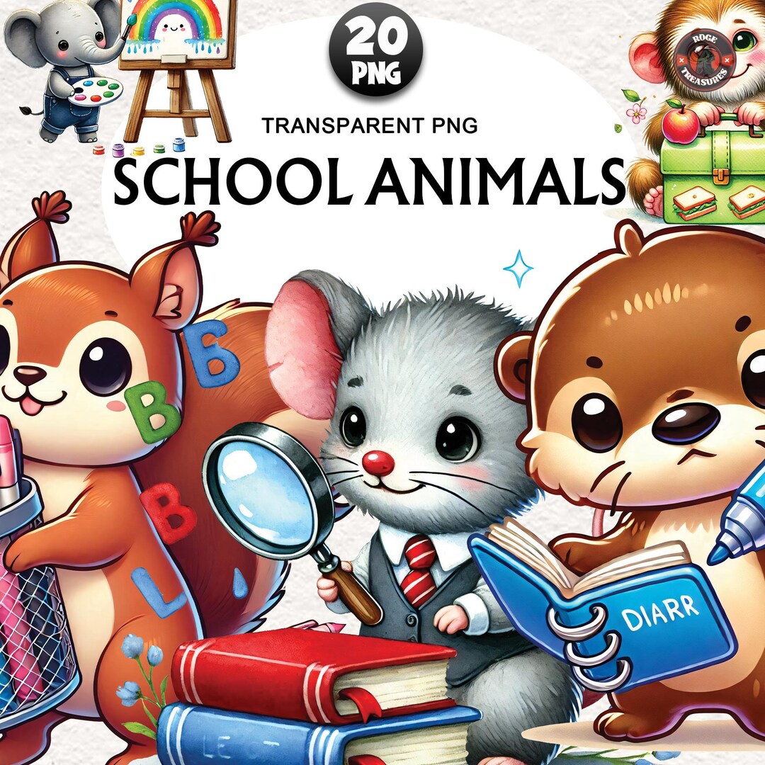 20 School Animals Clipart, Cute Kids Animals Png Bundle, 100 Days of ...