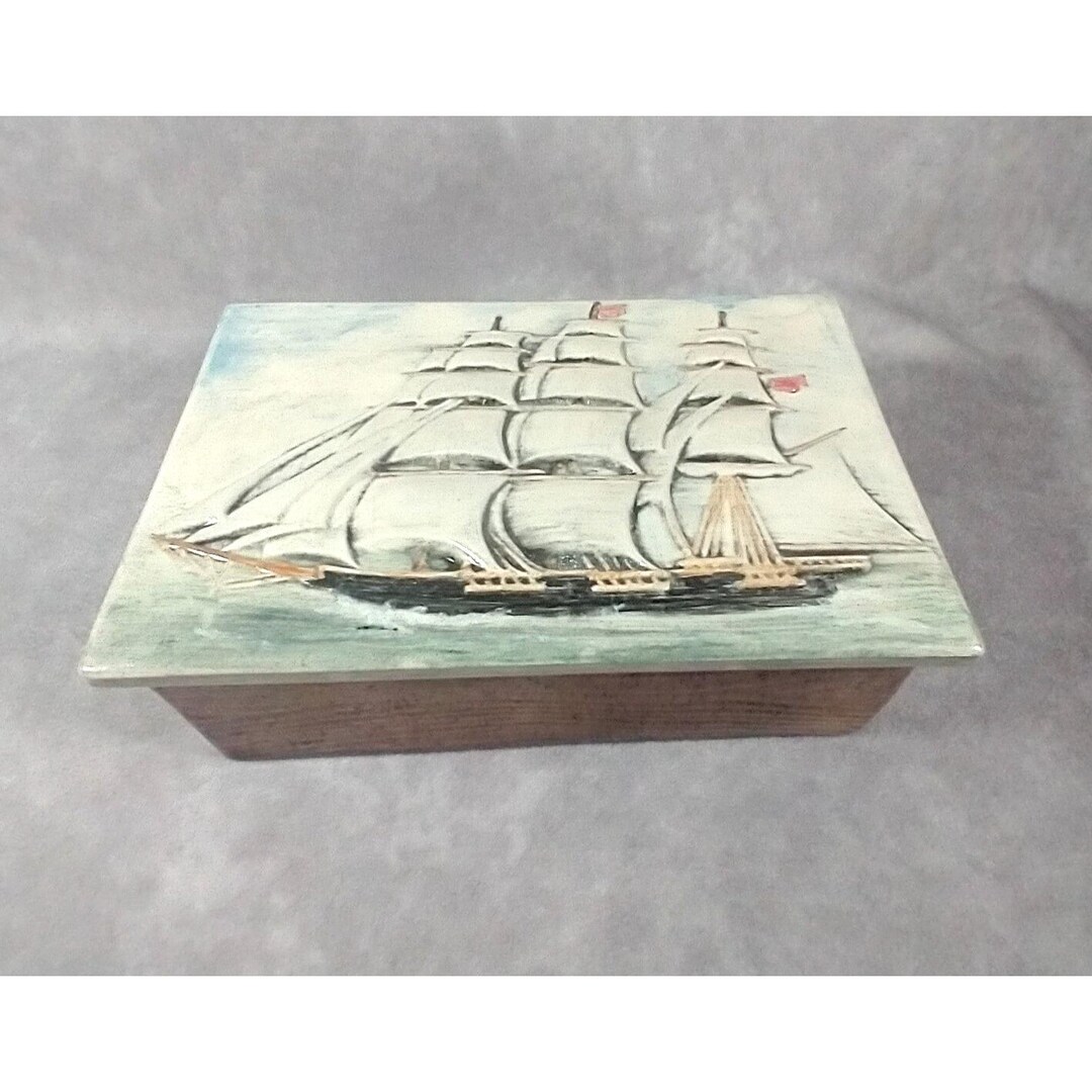 Vintage 1982 Jamal Mallory Ceramic Box W/ Hand Painted Schooner Sailing ...