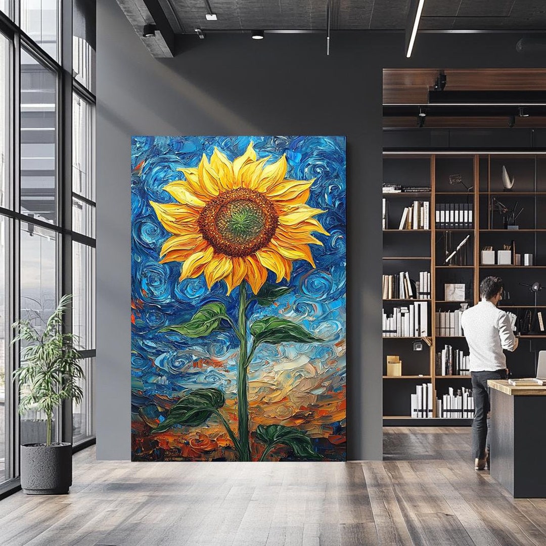 Van Gogh-inspired Sunflower Painting on Canvas, Textured Botanical Wall ...