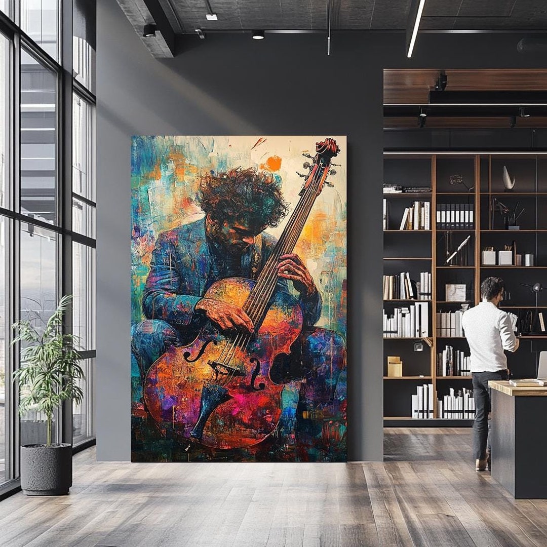 Abstract Musician Wall Art Canvas | Vibrant Double Bass Player Painting ...