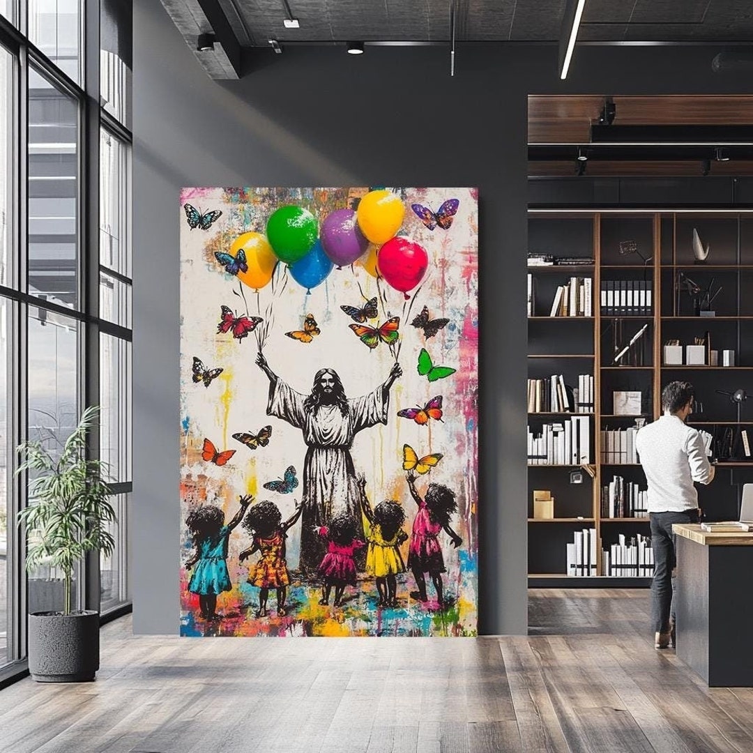 Surreal Jesus Butterfly Wall Art | Colorful Religious Canvas Painting ...