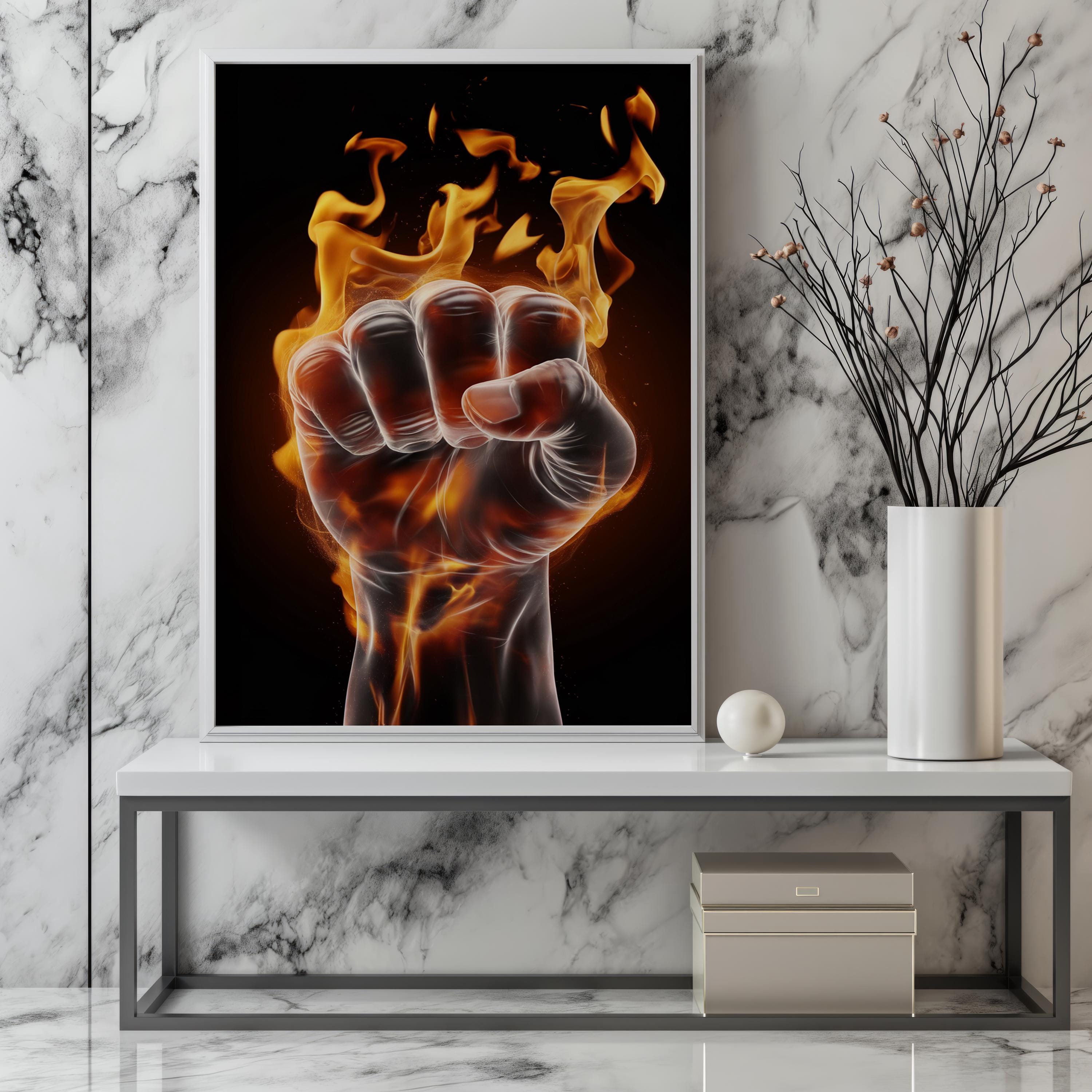 Flaming Fist Wall Art | Dramatic Fire Effect Canvas Print | Modern ...