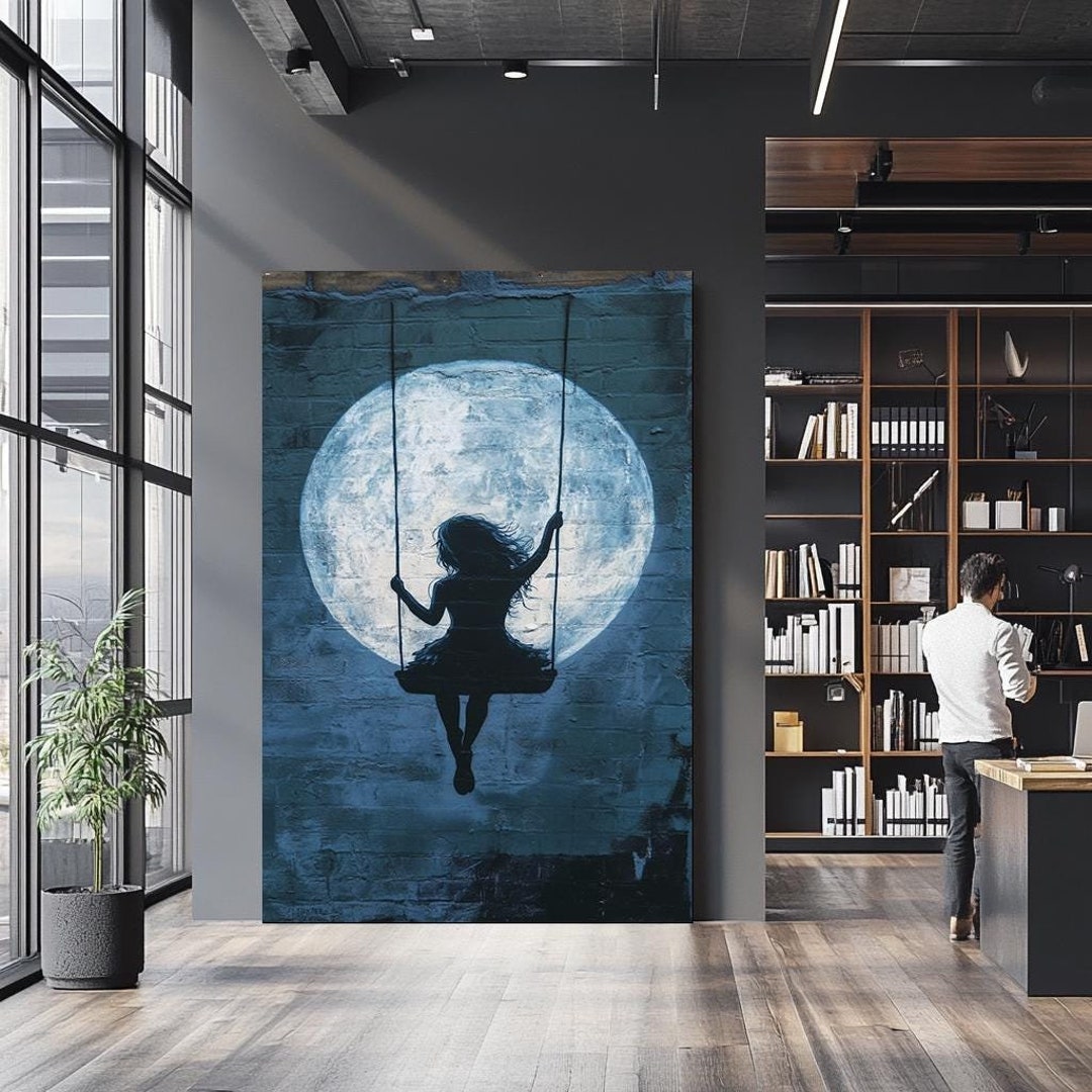 Banksy-style Moonlit Swing Wall Art, Silhouette Street Art Canvas, Girl on Swing Urban Decor ...