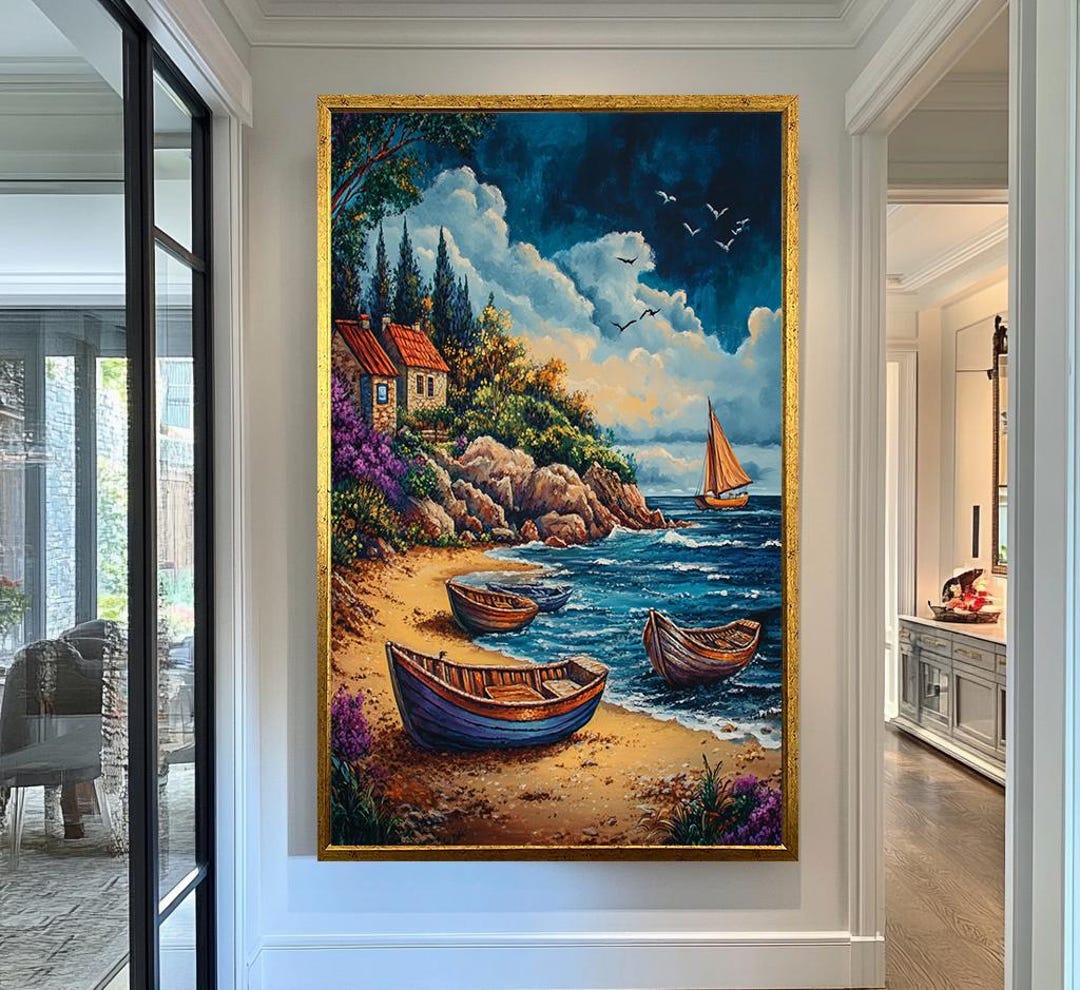 Coastal Wall Art Seaside Village Canvas Print Sailing Boats Beach Scene ...