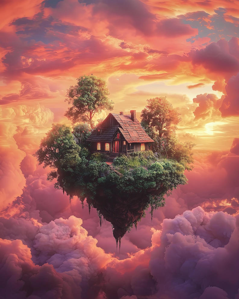 Floating Dream House in the Sky - Peaceful Digital Art of a Serene ...
