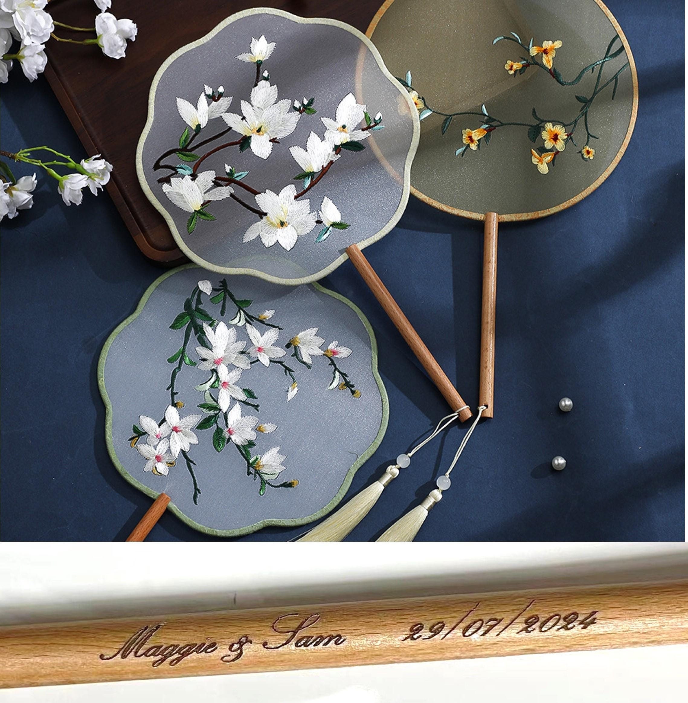 Chiffon Embroidered Hand Fans Custom Wedding Favor & Personalization ...