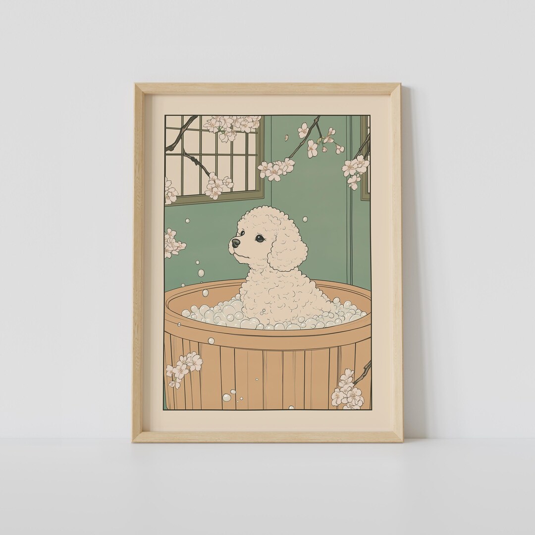 Toy Poodle in a Bathtub Print, Japanese Bathroom Wall Art, Japandi Art ...