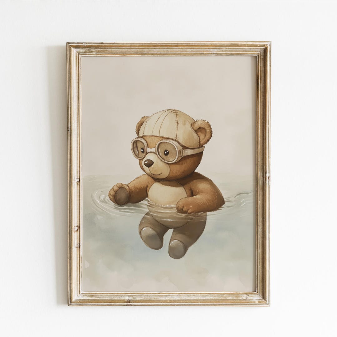 Teddy Bear Swimming in a Pool Print, Sport Nursery Decor, Animal ...