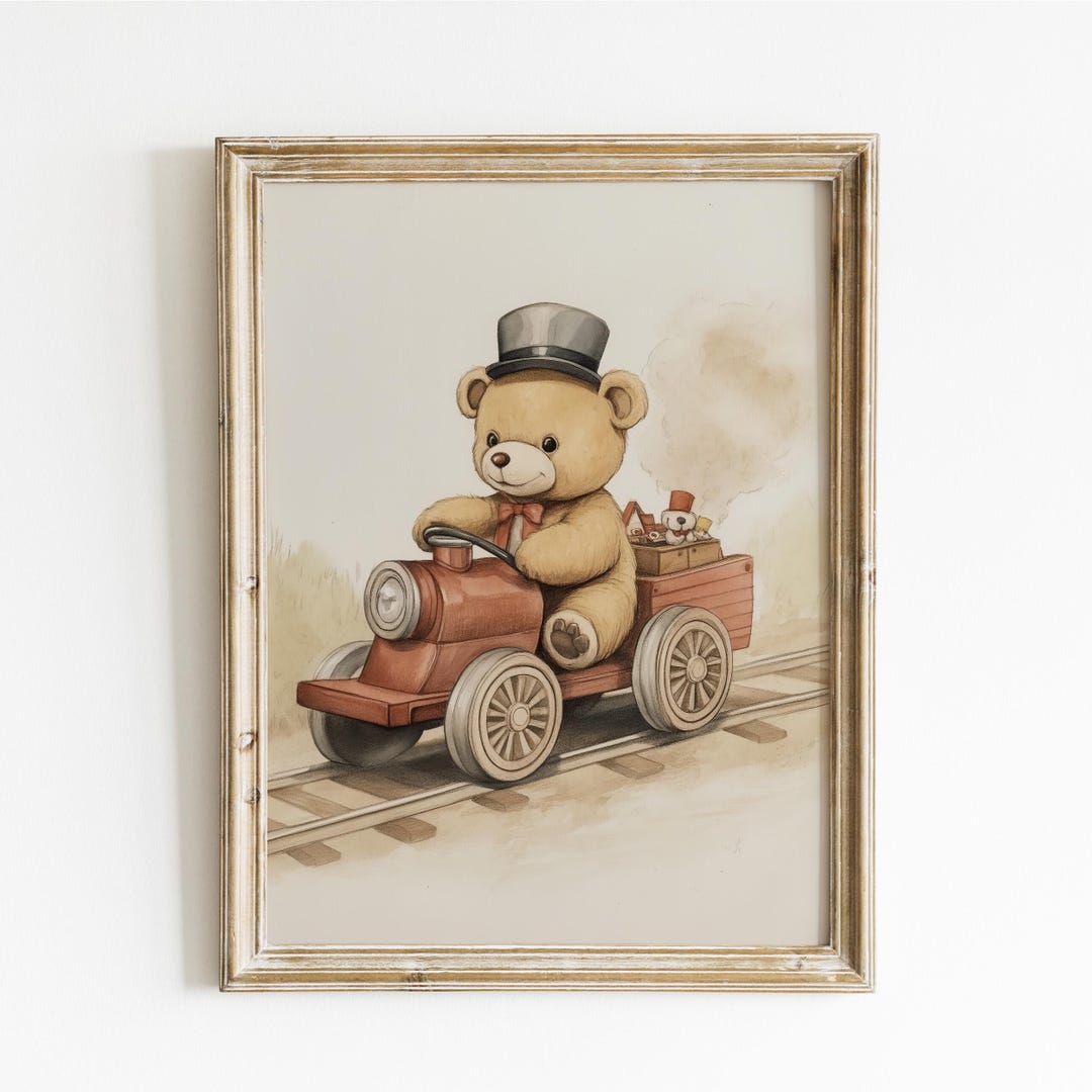 Teddy Bear Driving Toy Train Print, Nursery Decor, Animal Nursery Art ...