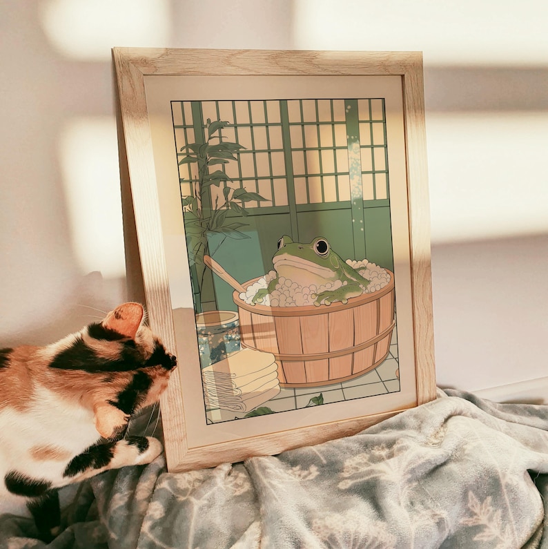 Japanese Frog in a Bathtub Print, Japanese Bathroom Wall Art, Japandi ...