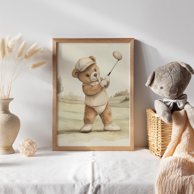 Teddy Bear Playing Golf Print, Sport Nursery Decor, Animal Nursery Art ...