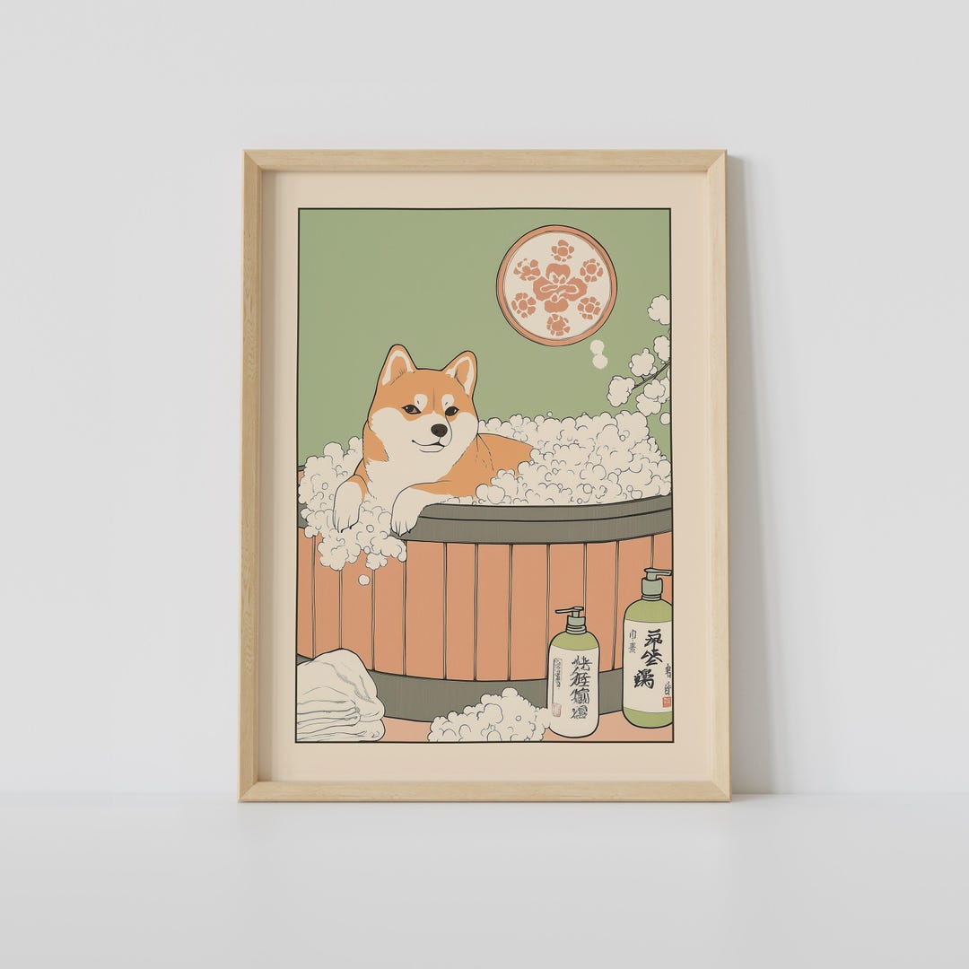 Shiba Inu Dog in a Bathtub Print, Japanese Bathroom Wall Art, Dog Wall ...