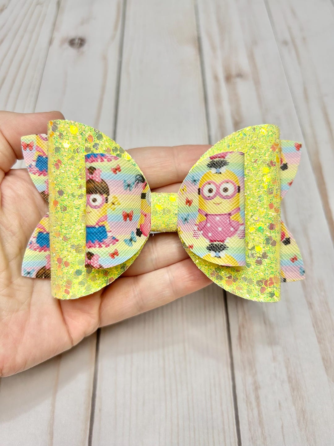 Despicable Me Girl Minions Butterfly Pink Yellow Glitter Hair Bow Clip ...