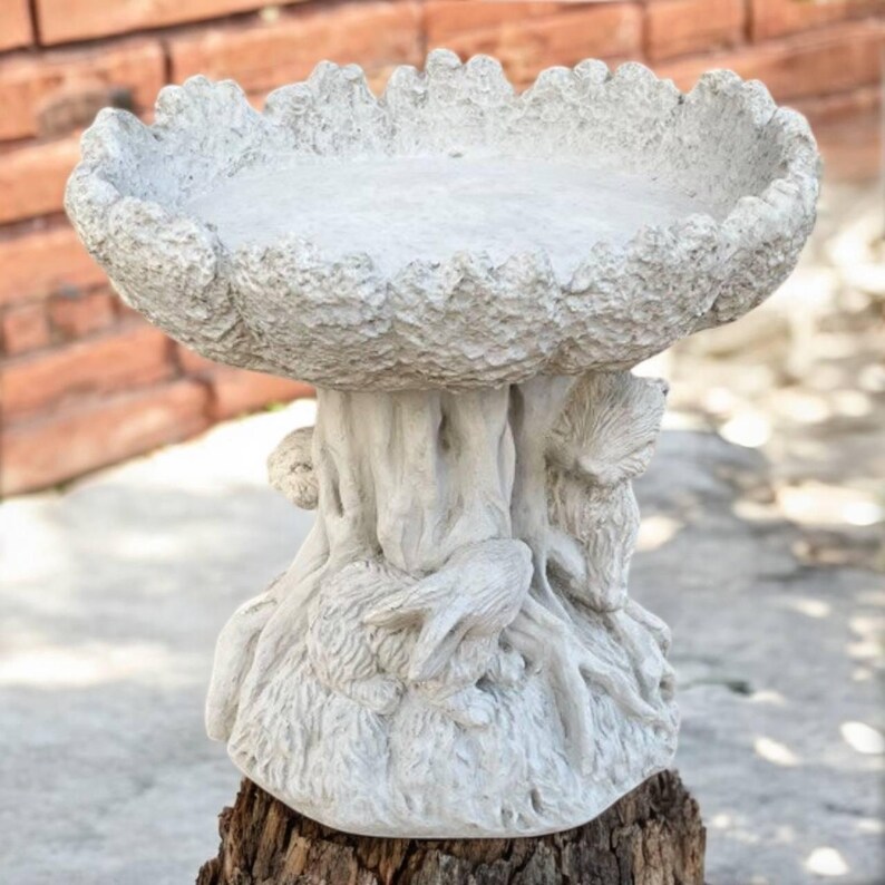 13" Garden Bird Bath Statue, Outside Drinker Art, Concrete Bird Bath ...