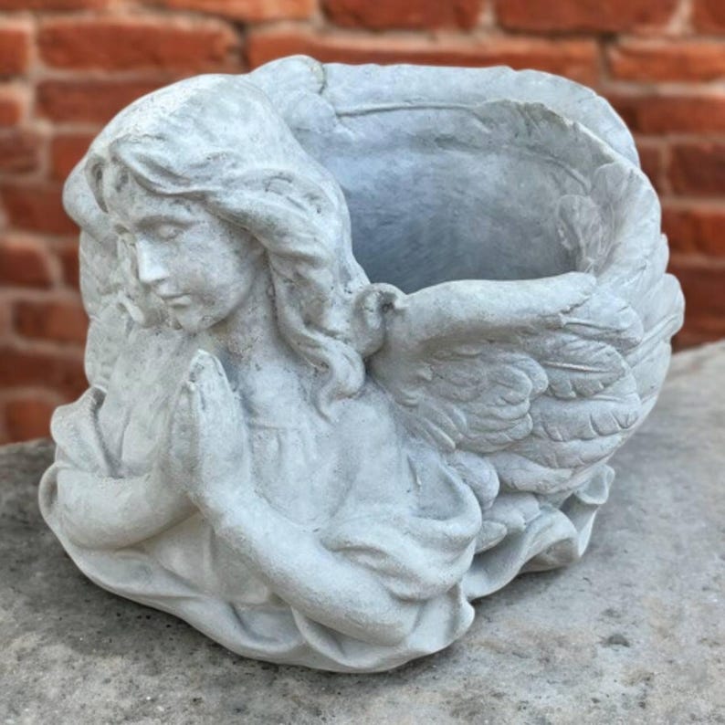 7" Angel Planter Figure, Cement Religious Design, Cherub Garden Decor ...