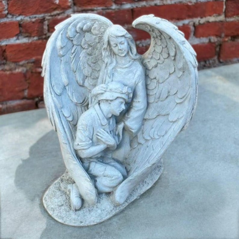 9" Angel With Soldier Statue, Garden Religious Idea, Cherub Yard ...