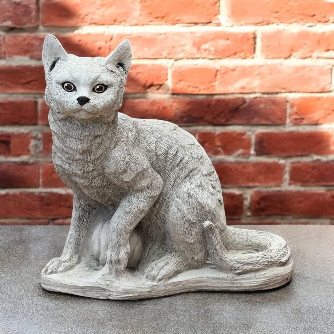 12'' Cat With Ball Statue, Garden Kitten Ornament, Lawn Pet Design ...