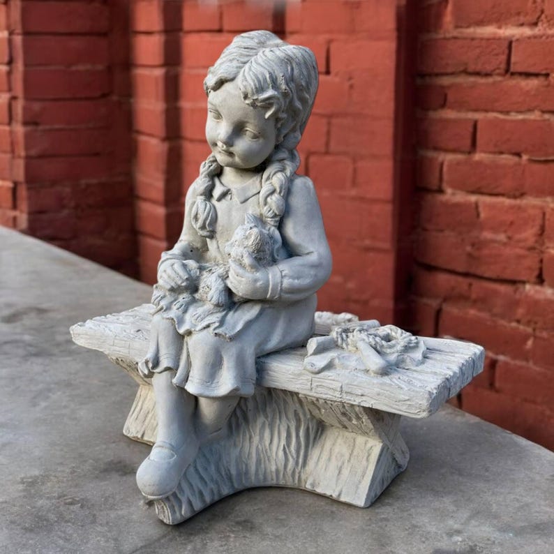 17" Sitting Girl Statue, Garden Kid Ornament, Concrete Child, Girl on ...