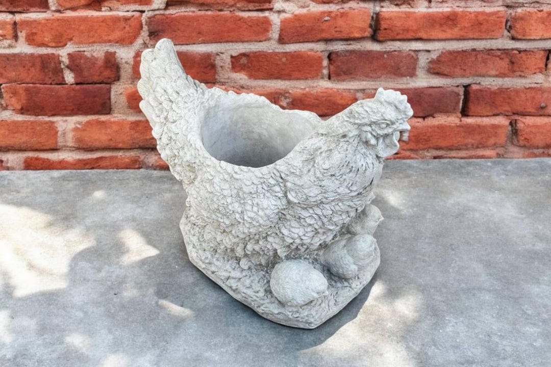10" Concrete Chicken Figure, Stone Planter Decor, Farm Bird Plant Pot ...