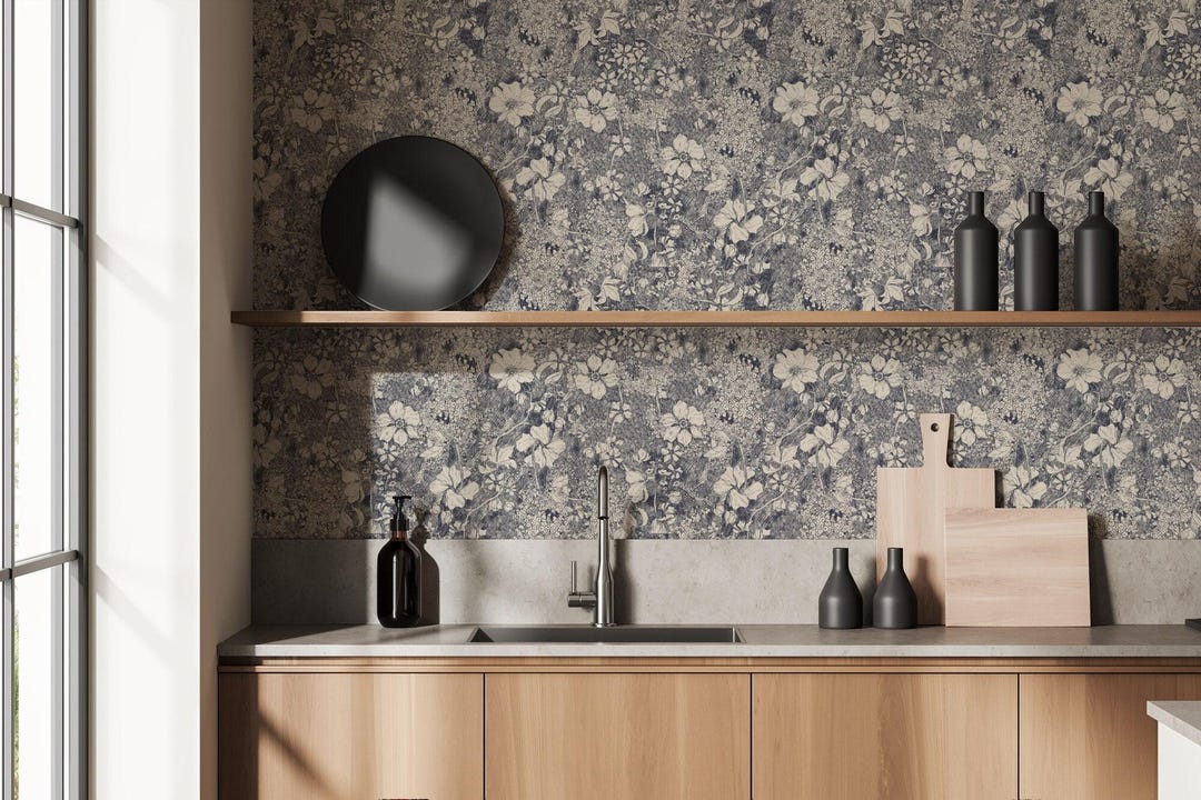 Wallpaper on Roll - AMELIA FLOWER Navy - Etsy