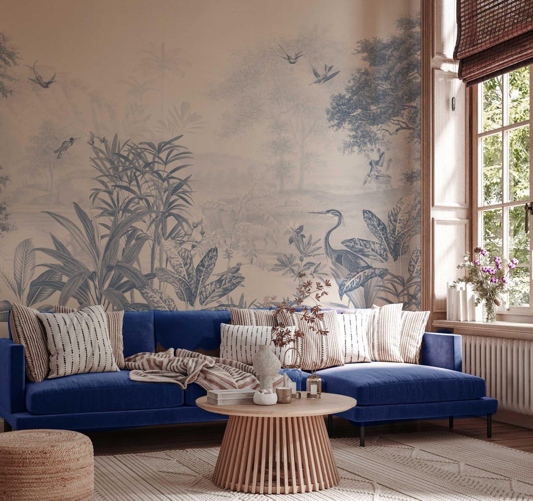 Tropical Wallpaper - Mural - SCENIC LANDSCAPE Tonal Blue - Etsy