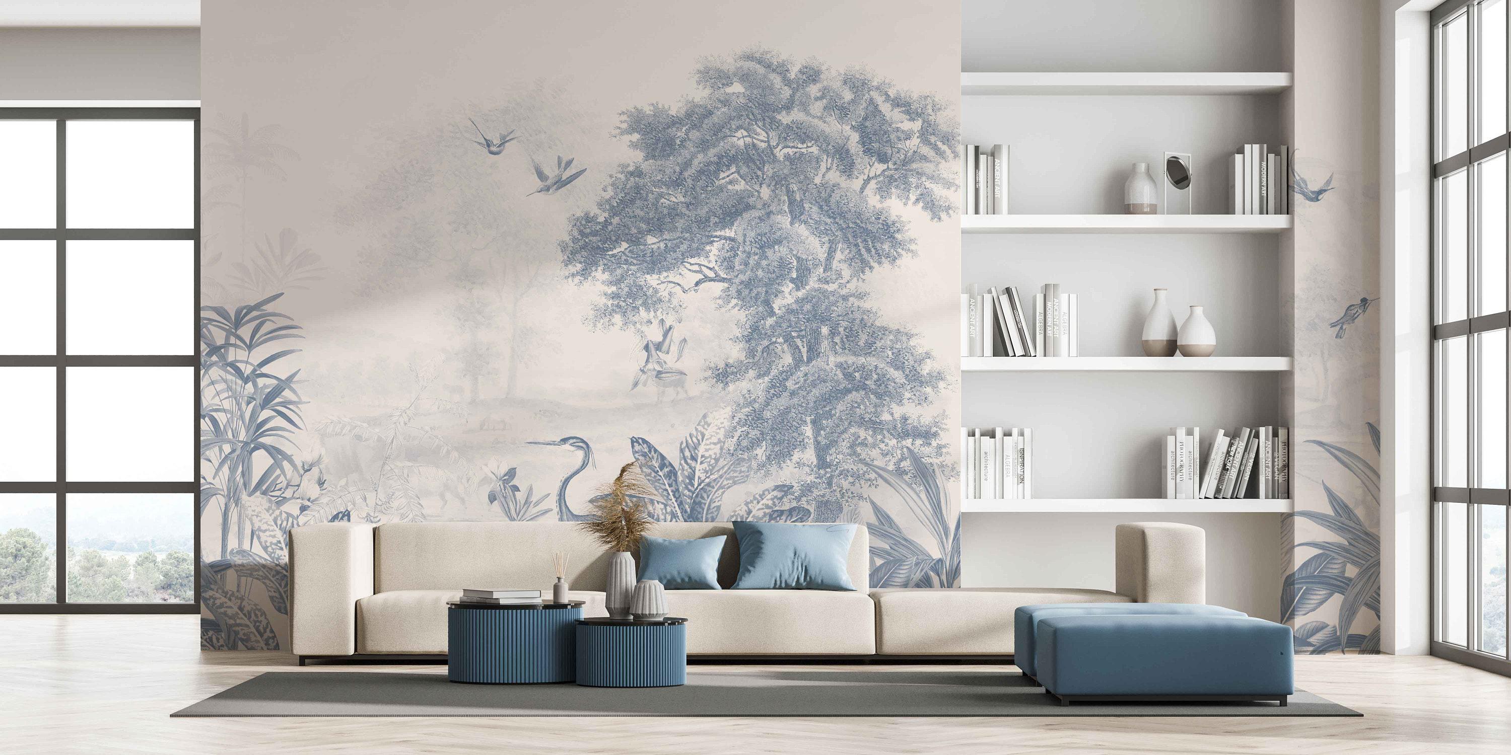 Tropical Wallpaper - Mural - SCENIC LANDSCAPE Tonal Blue - Etsy