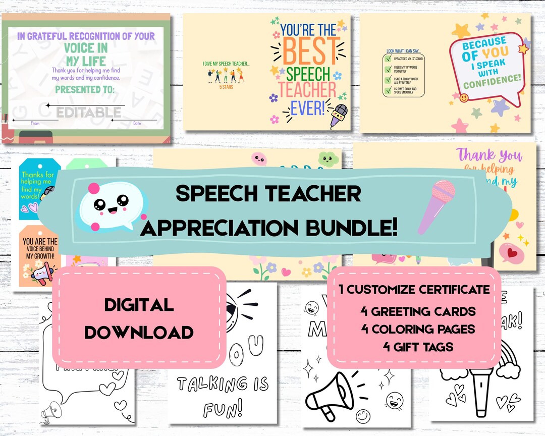 Speech Teacher Appreciation Bundle: Editable Certificate, Coloring ...