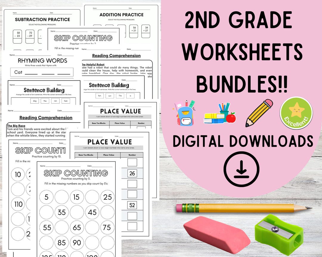 2nd Grade Math & Reading Worksheets: Addition, Rhyming (PDF ...