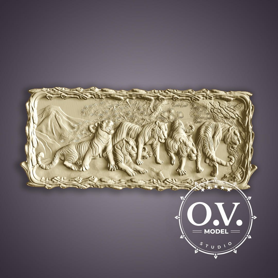 Tigers Pano Tiger Carving Wildlife Decor CNC Panel Jungle Art Wooden ...