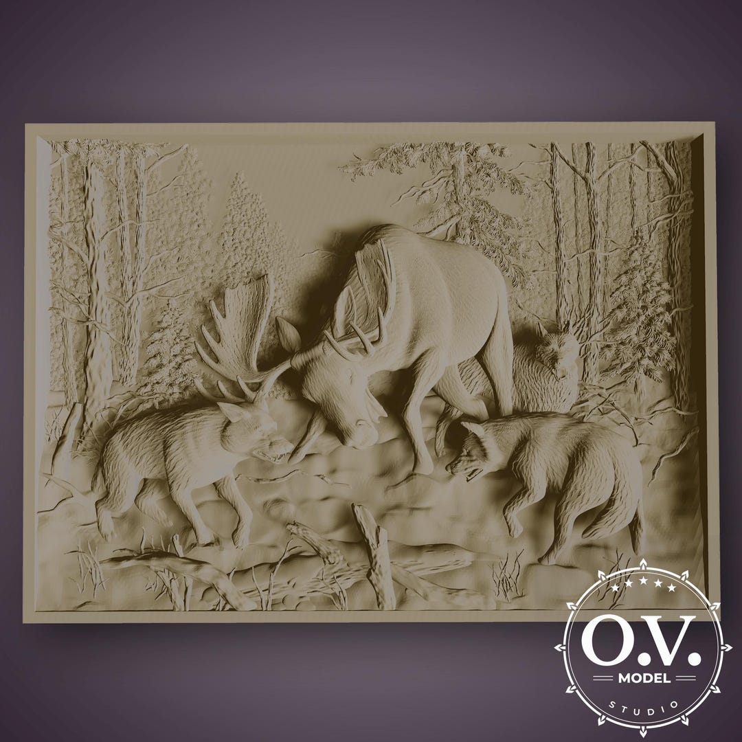 Wildlife Cnc Model,moose and Wolves Cnc,3d Relief Carving,forest Scene ...