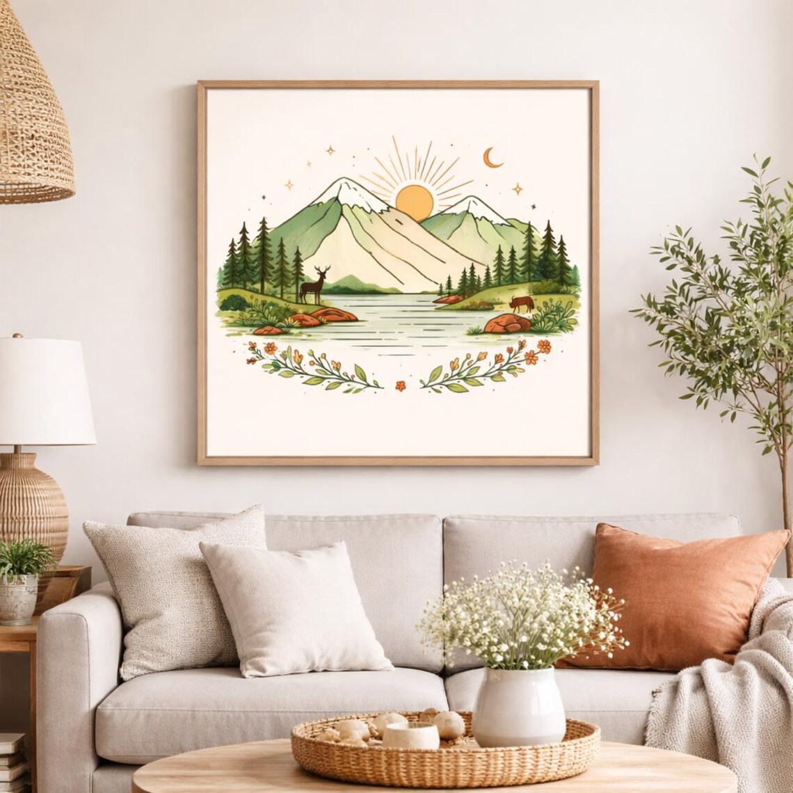 Minimalist Mountain Lake Art Print | Earth Tones Landscape (digital ...