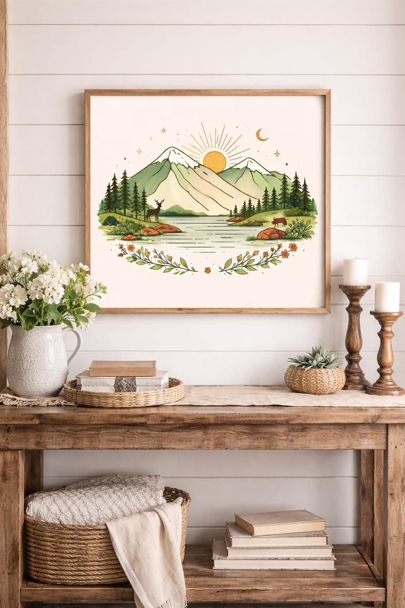 Minimalist Mountain Lake Art Print | Earth Tones Landscape (digital ...