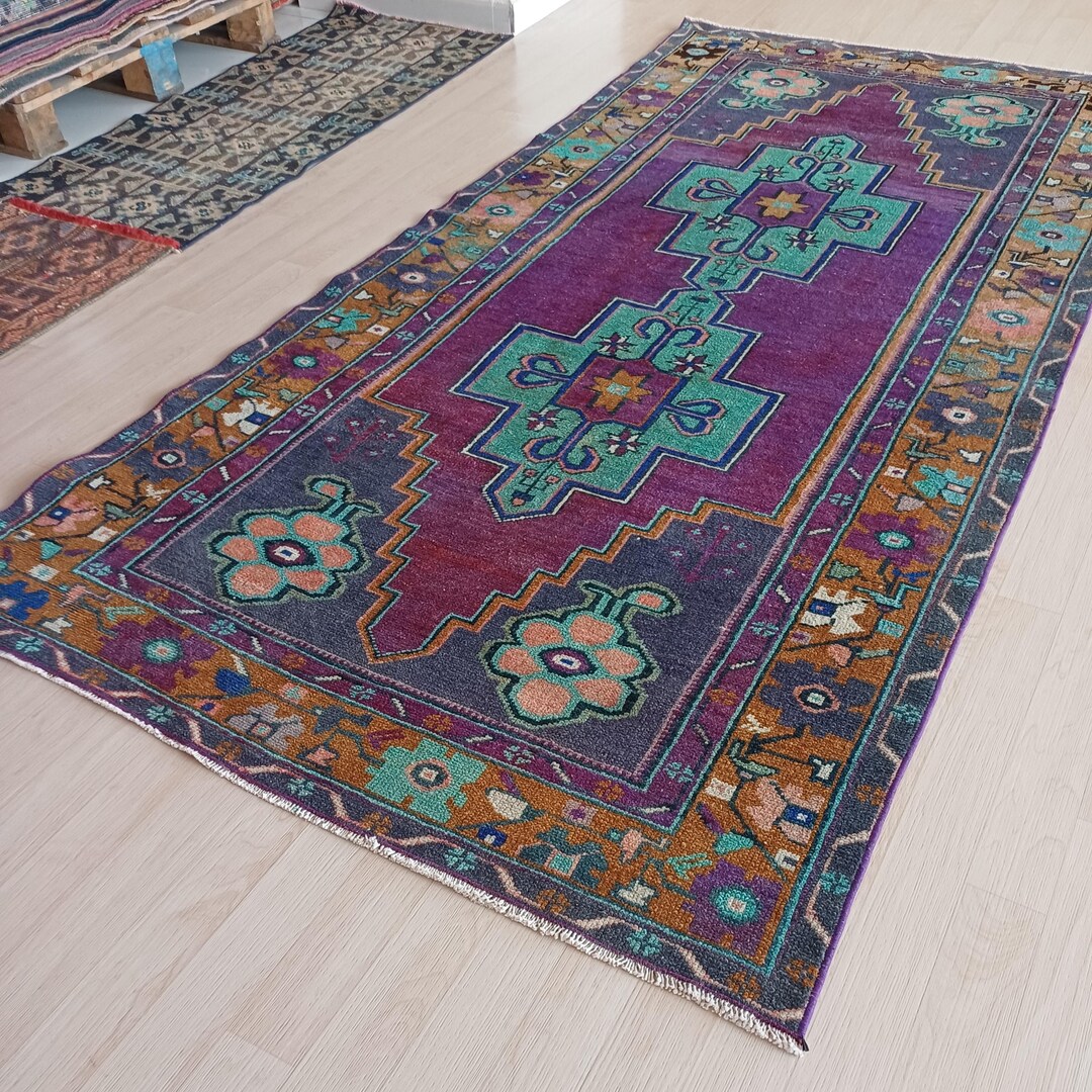 4x8 Turkish Area Rug, 4x8 Hand Knotted Vintage Rug, Purple Blue Wool ...