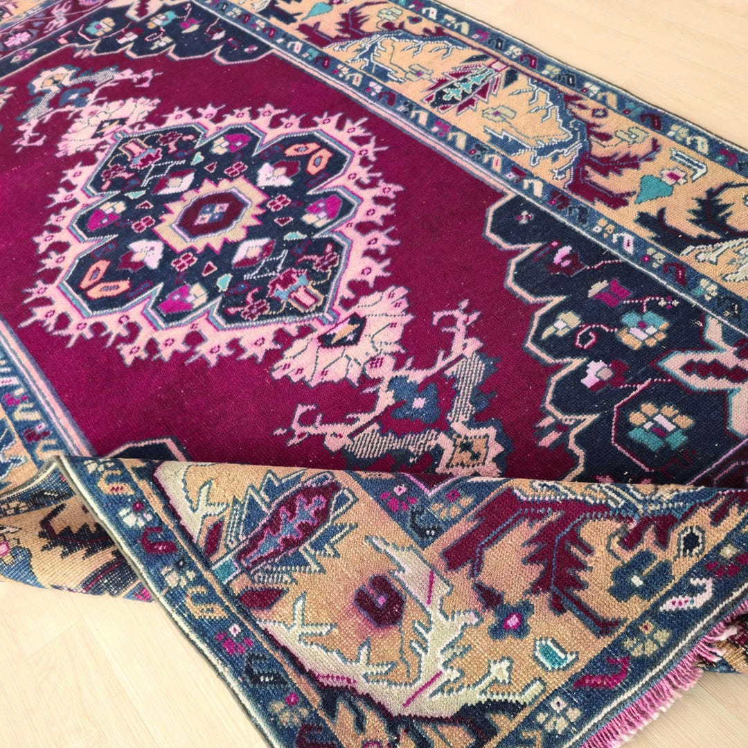 4x8 Purple Blue Turkish Handwoven Rug, Bohemian Oriental Carpet ...