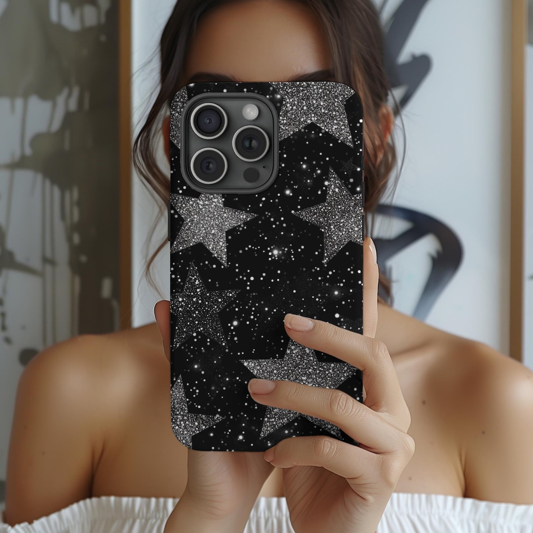 Glittery Black Stars Phone Case, Aesthetic Black Star iPhone 16 15 14 ...