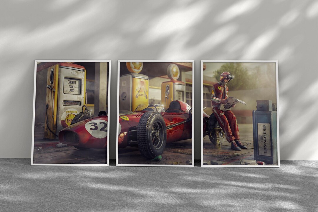 Vintage Ferrari F1 Poster Set: 1960s Racing Car Triptych (digital ...