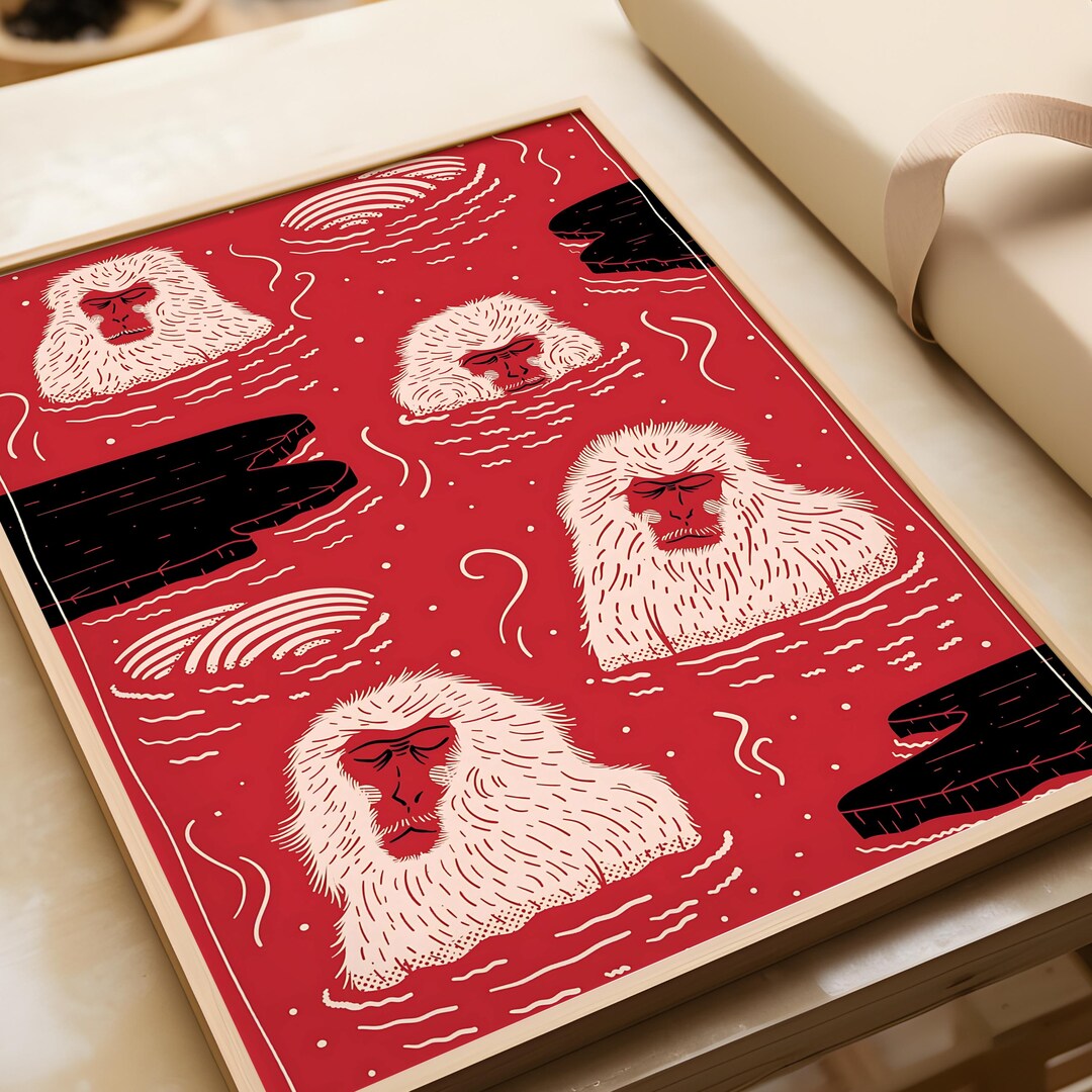 Japanese Snow Monkeys Hot Spring Art Print: Minimalist Nature Decor ...