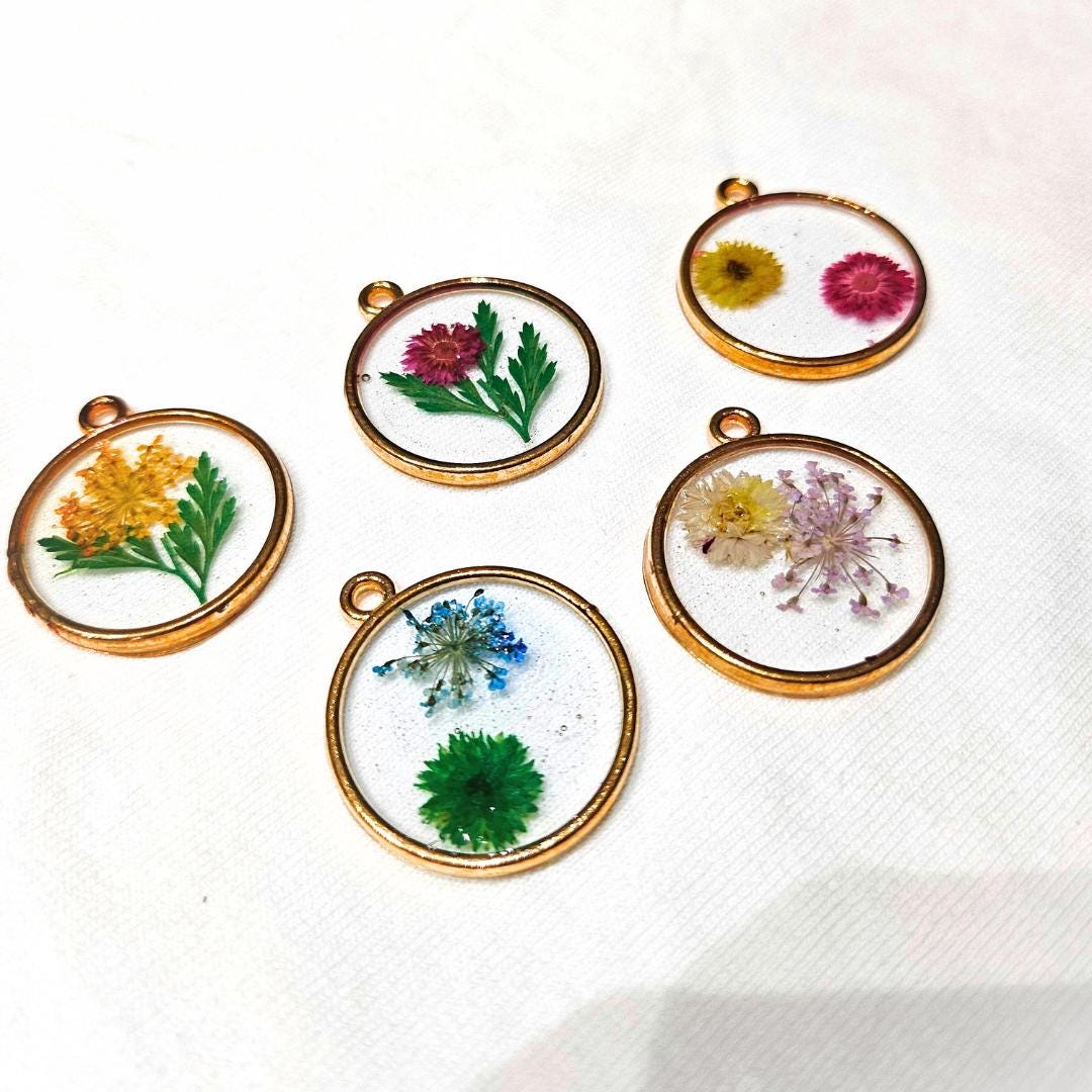 5pcs Gold Round Pressed Flower Charm Pendant, Dried Natural Colorful ...