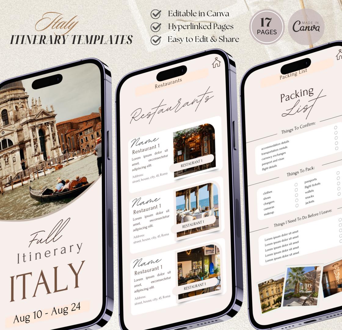 Italy Travel Itinerary Template, Customizable 7 Day Trip Planner ...