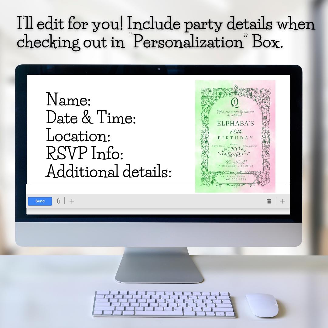 Wicked Inspired Birthday Invitation, Elphaba Inspired Invitation, Evite ...