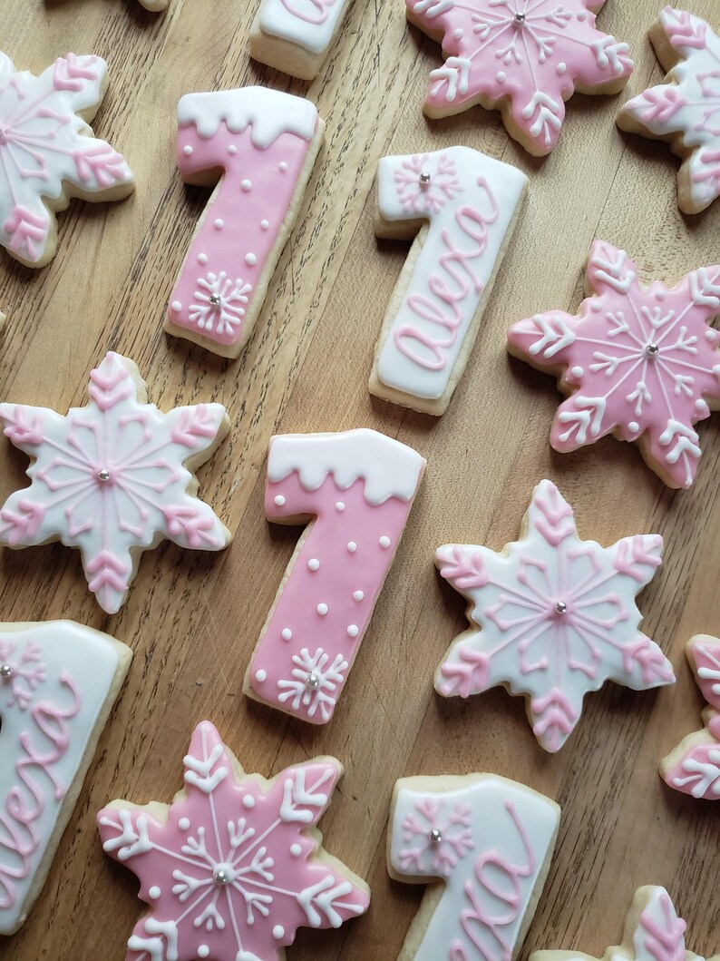 Snowflake Theme Cookies Birthday Cookies Frozen Pink Snowflake Cookies ...