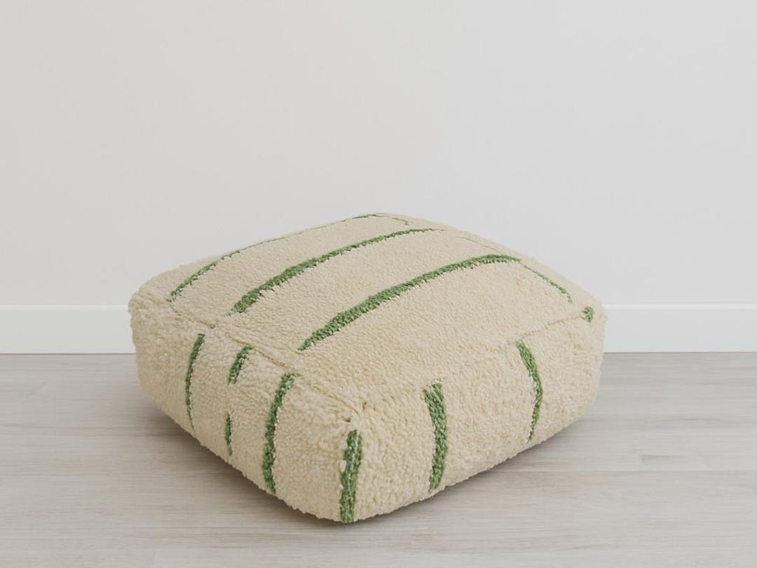 Handmade Moroccan Wool Pouf – Green & Cream Checker Stripe Ottoman ...