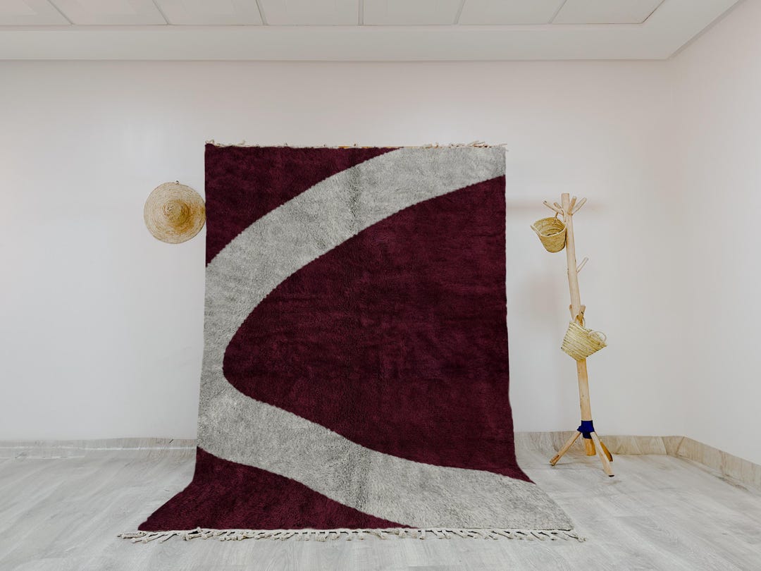 Burgundy & Cream Abstract Wave Shag Rug | Modern Plush Area Carpet With ...